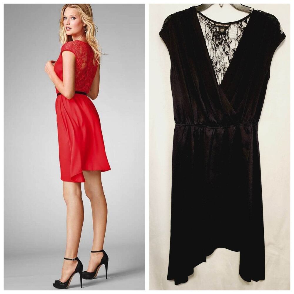 Victoria's Secret Vs Satin Lace Faux Wrap Black Dress… - Gem